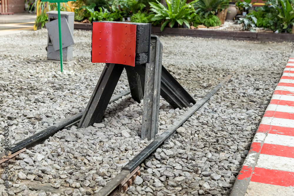 Train stopper or Train bumper installed on track for break. Train ...