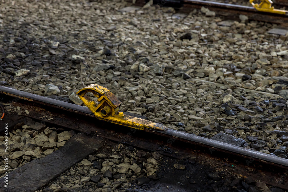 Train stopper or Train bumper installed on track for break. Train ...