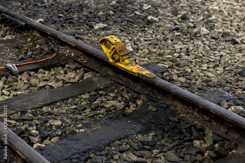 Train stopper or Train bumper installed on track for break. Train ...