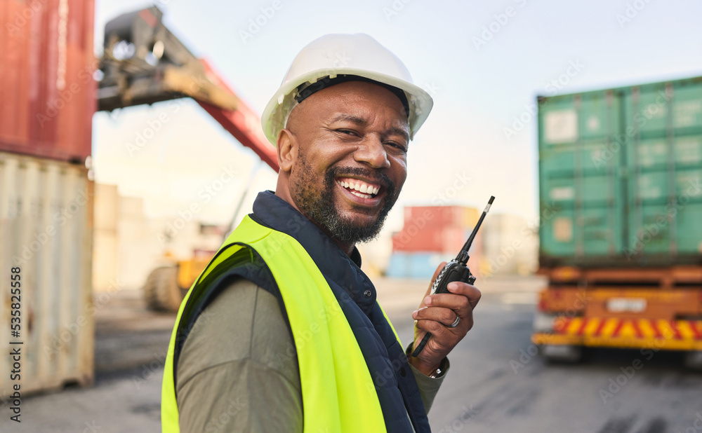 Logistics, communication and black man talking on walkie talkie while ...