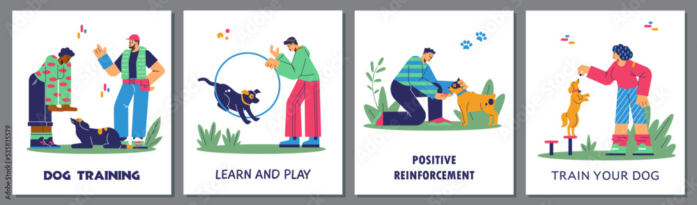 Dog training cards set with people teaching their pets, flat vector ...