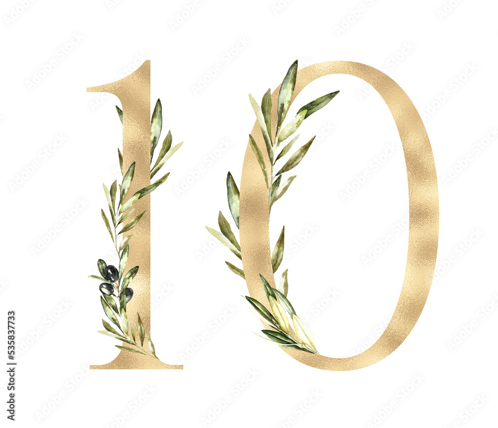 Watercolor number 10 illustration. Greenery olive leaves,branch, gold ...