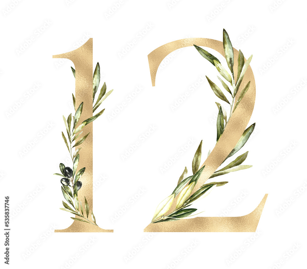 Watercolor number 12 illustration. Greenery olive leaves,branch, gold ...