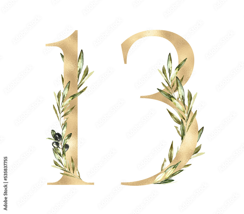Watercolor number 13 illustration. Greenery olive leaves,branch, gold ...