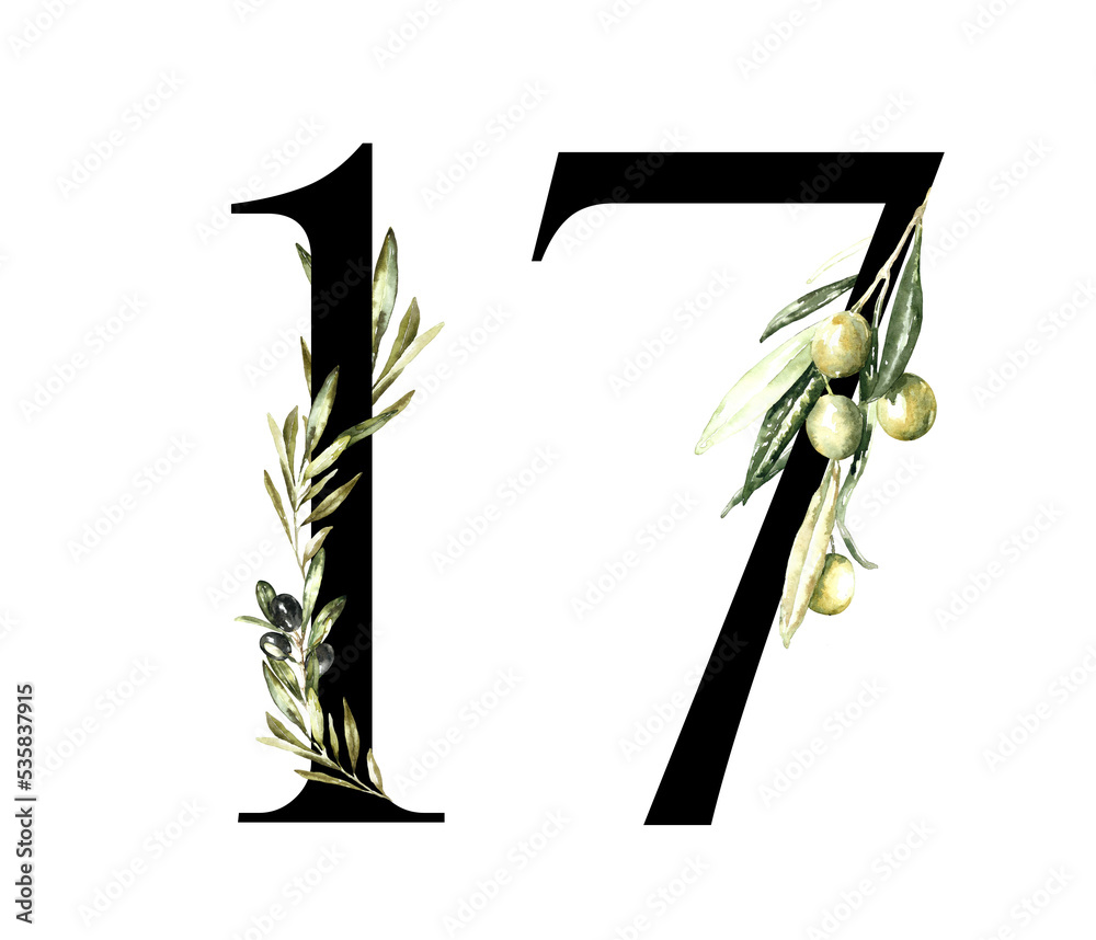 Watercolor floral number 17 illustration. Greenery olive black digit 17 ...