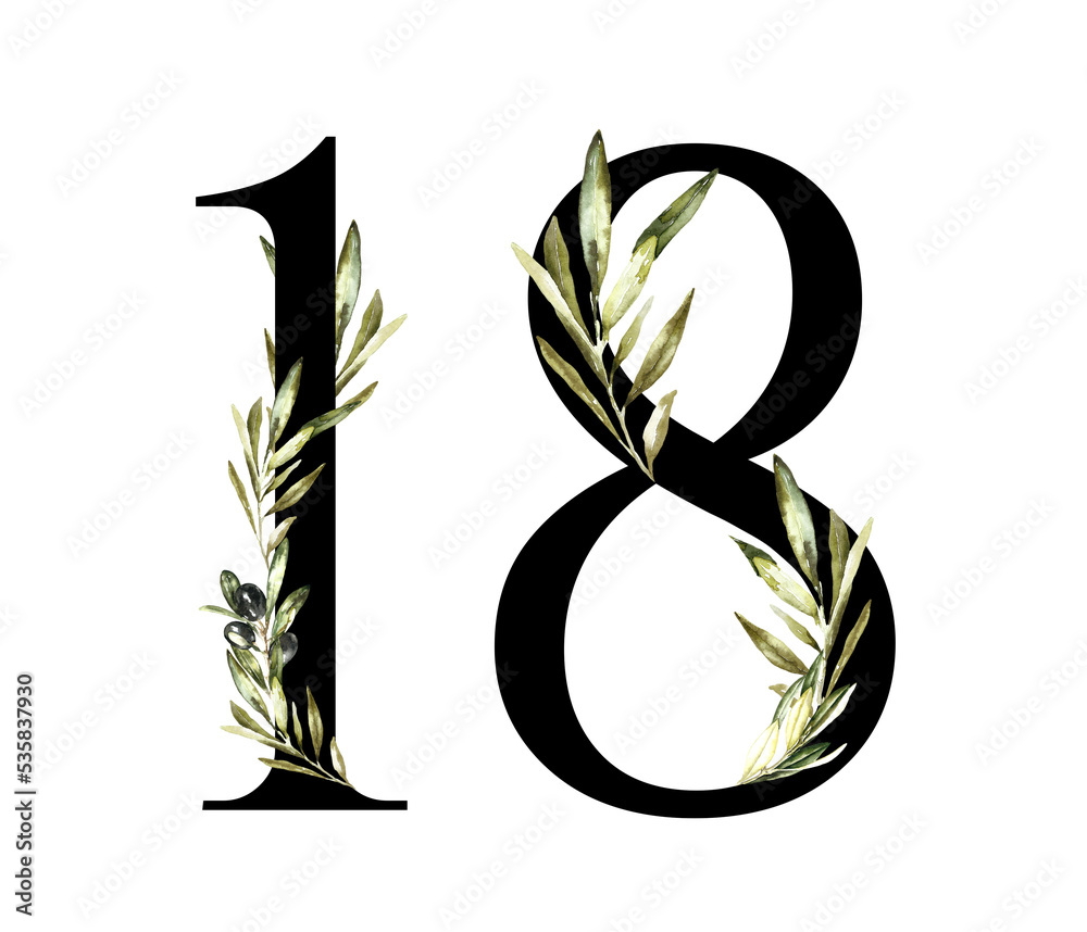 Watercolor floral number 18 illustration. Greenery olive black digit 18 ...