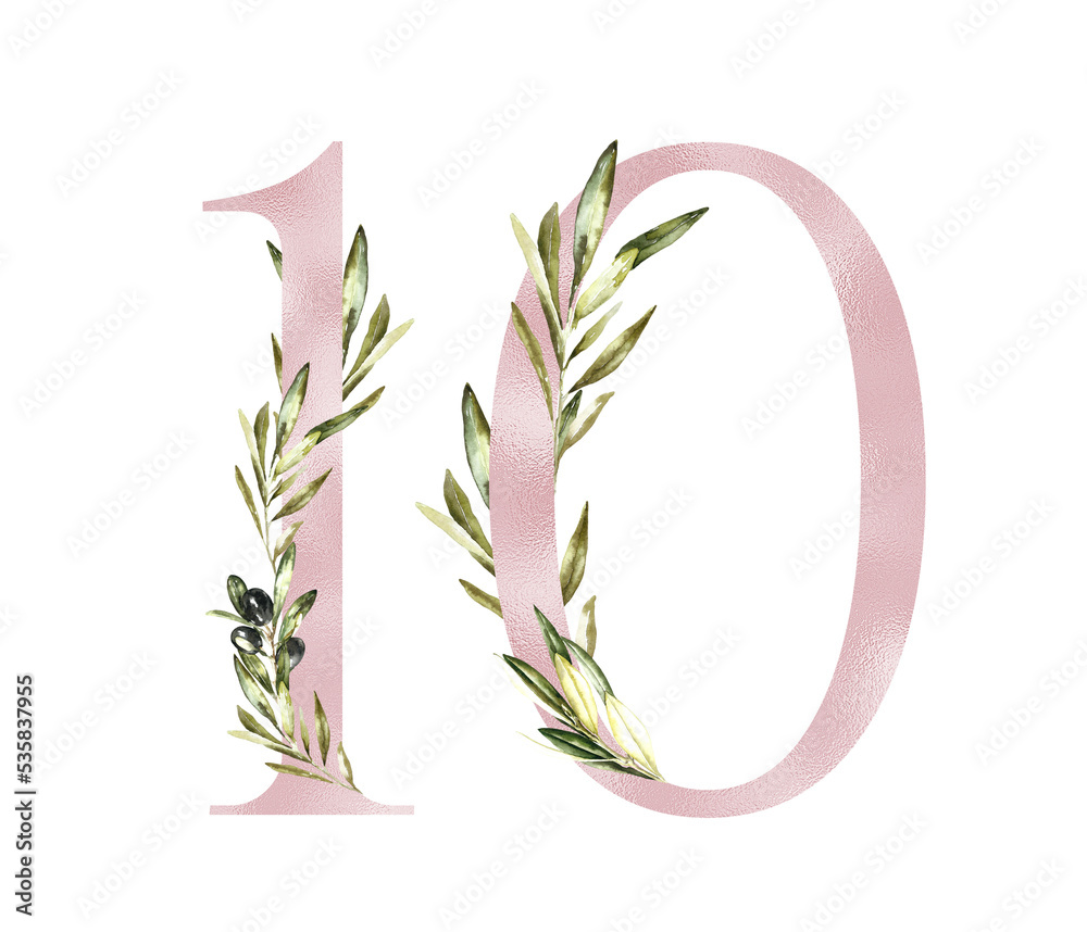 Watercolor floral number 10 illustration. Greenery olive digit 10 with ...