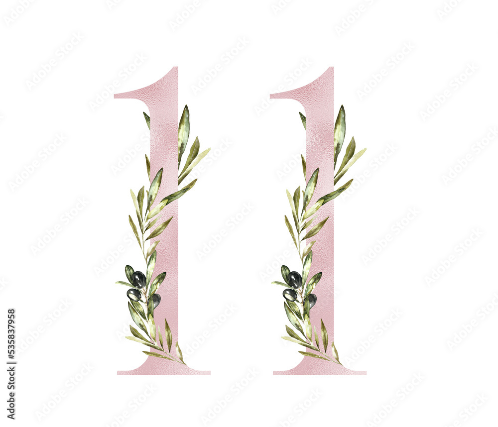 Watercolor floral number 11 illustration. Greenery olive digit 11 with ...