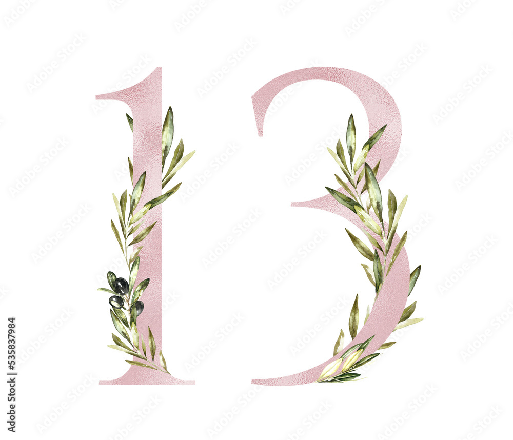 Watercolor floral number 13 illustration. Greenery olive digit 13 with ...