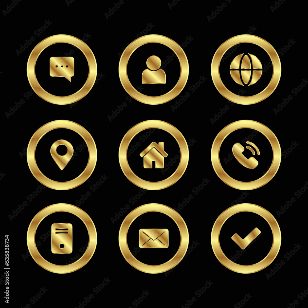 Luxurious golden circle icons. Modern golden metallic contact and basic ...