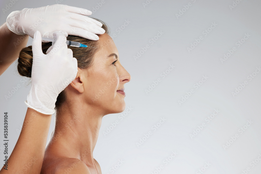 Beauty, face of a mature woman and botox filler injection to tighten ...