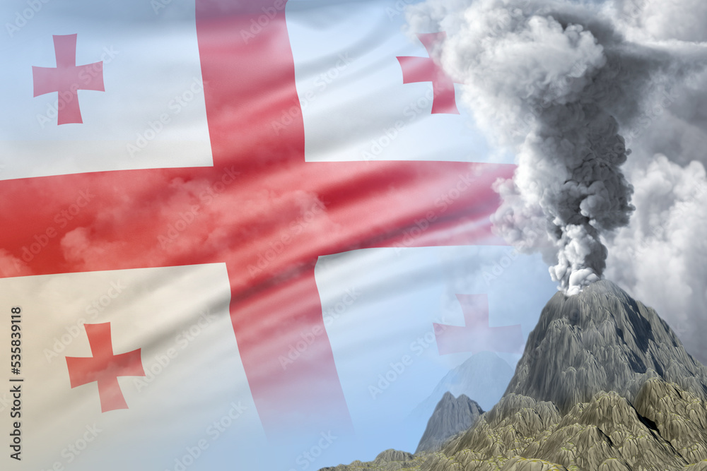 big volcano blast eruption at day time with white smoke on Georgia flag ...