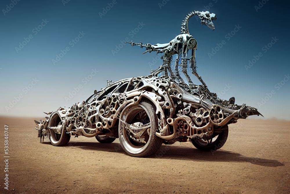 surrealistic car made of bones, biomechanical vehicle, crazy post ...