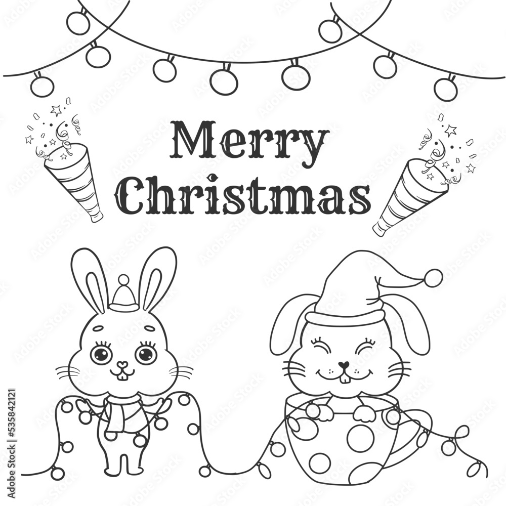 set of christmas coloring page about bunny. On transparent backgound ...