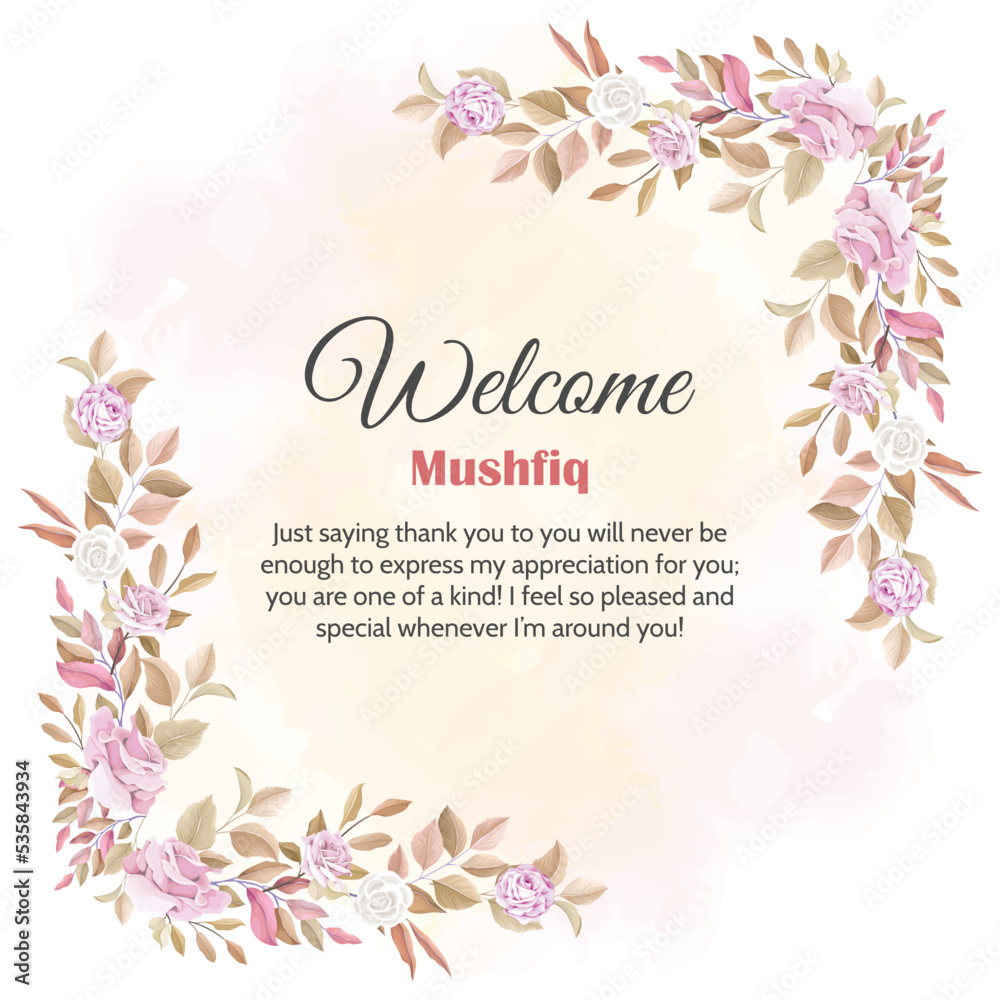 Welcome card with vintage pink rose corner and watercolor background ...