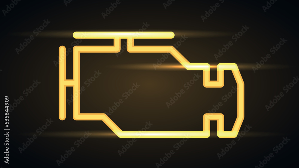 Glowing sign check the engine with glare on the black dashboard. Stock ...