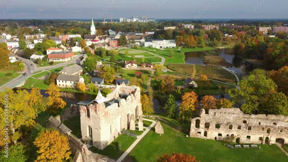 Beautifull Aerial Autumn Landscape of the Dobele City and Ruins of an ...
