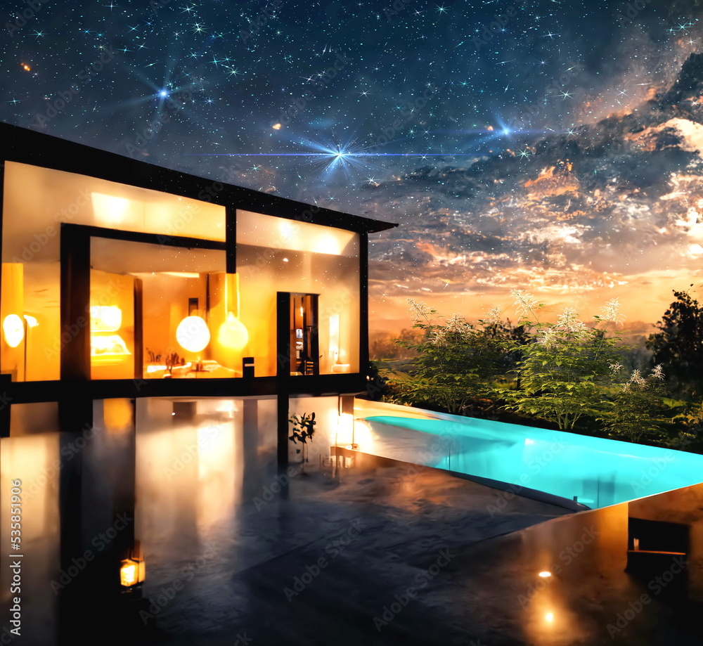 starry night sky moon light luxury resort swim pool and sea water ...