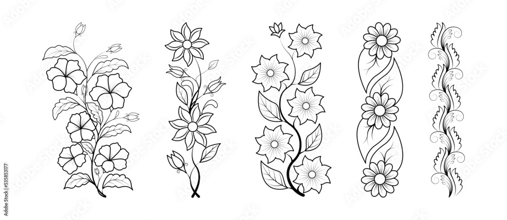 Set of floral line art hand drawn simple flower coloring pages for kids ...