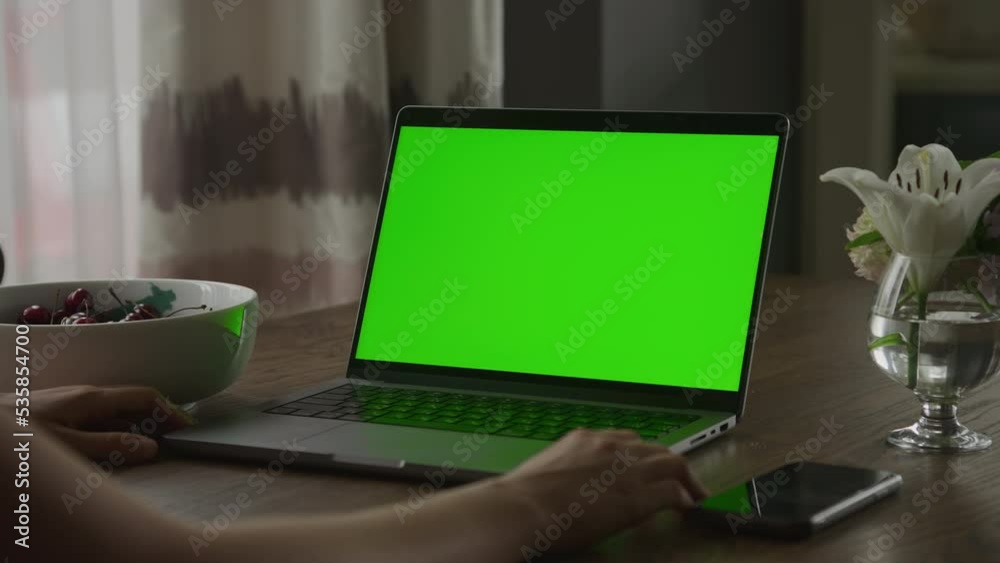 Laptop with green screen. Pivoting around unrecognisable woman watching ...