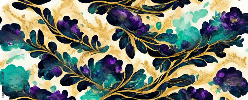 loral branch on gold dark navy, background, banner, wallpaper Stock ...