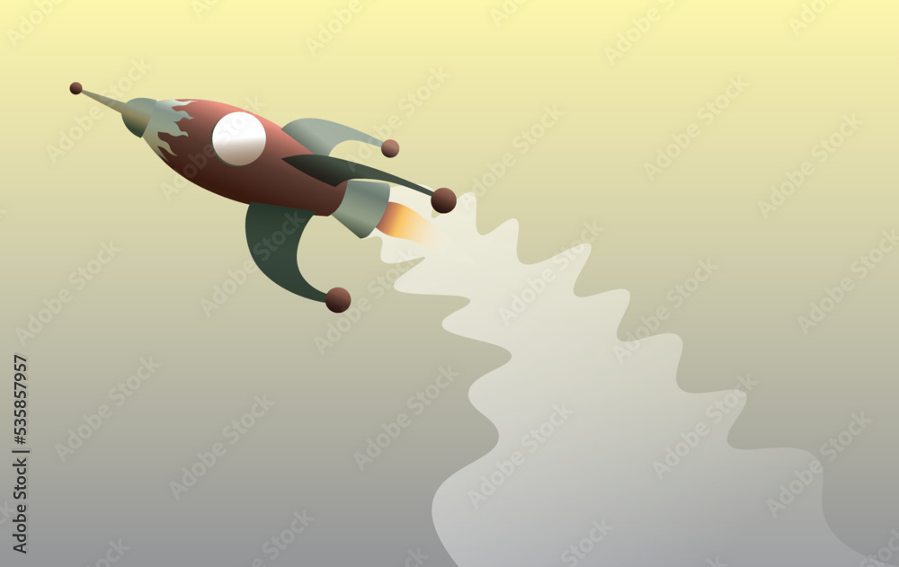 1950's atompunk style vintage rocket lifting off the ground with clouds ...