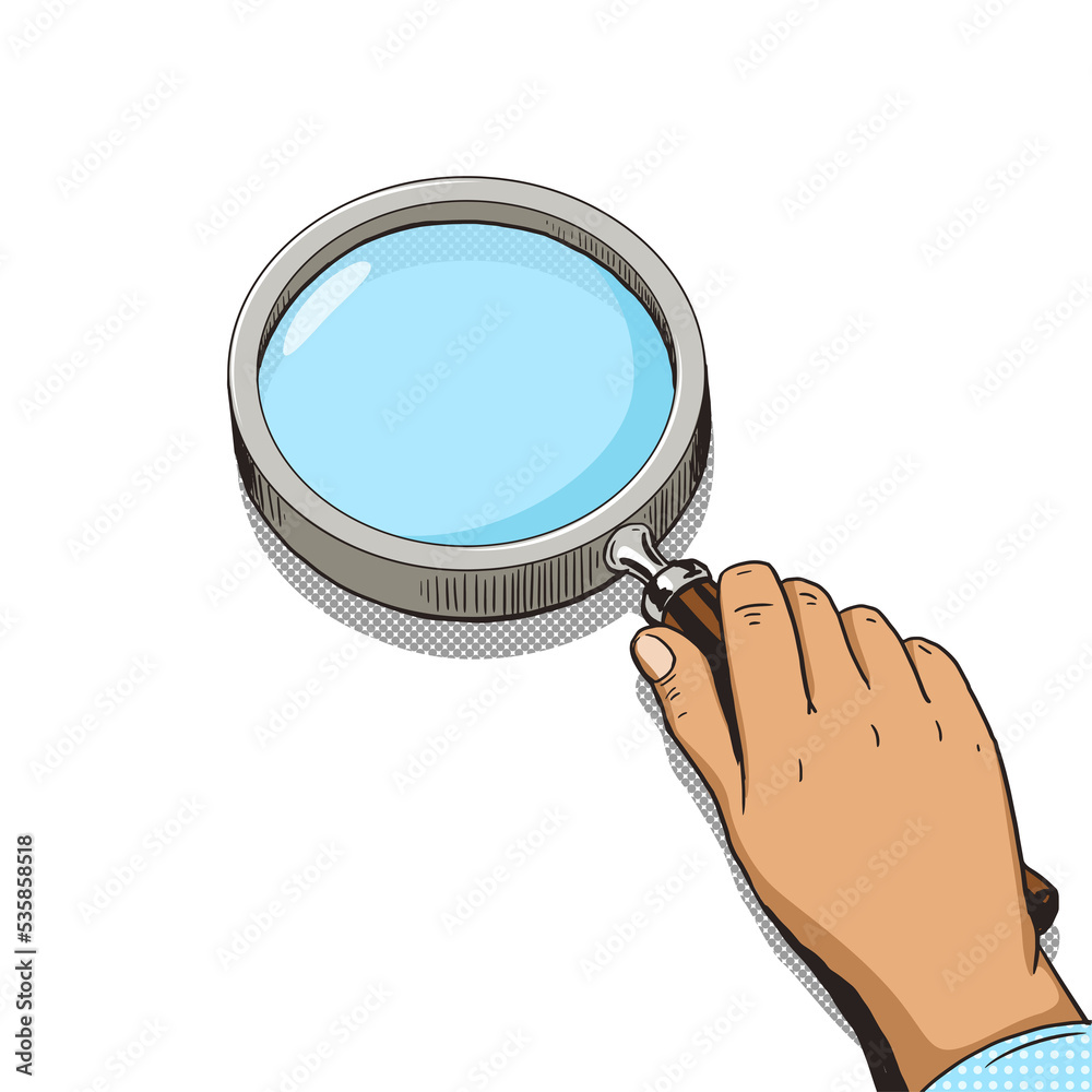 Hand with magnifying glass pop art PNG illustration with transparent ...