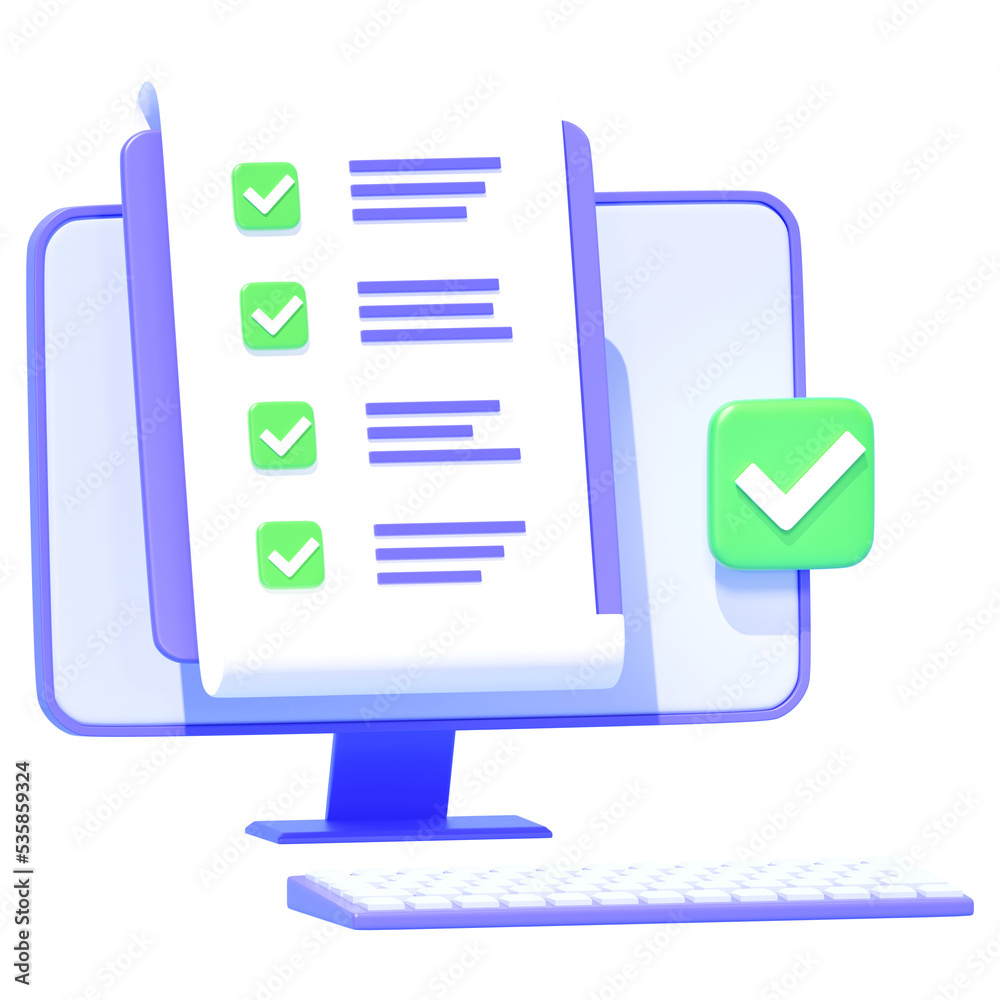 Checklist on desktop PC, 3d render illustration, transparent background ...