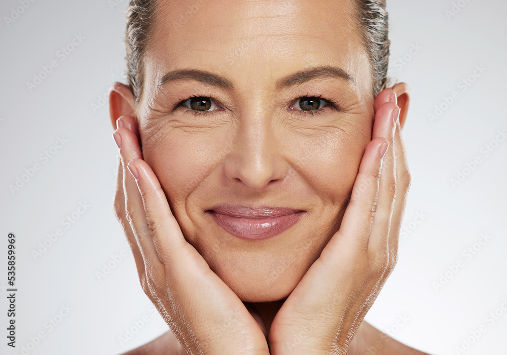 Senior woman, face and skincare smile for beauty touching soft and ...