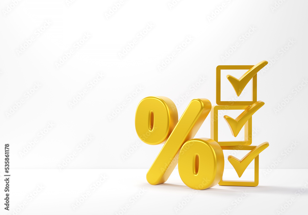 Percentage and check mark gold on white background. Accreditation ...