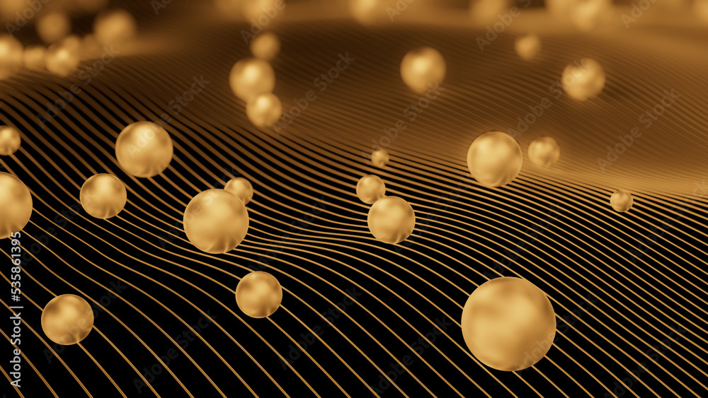 3D render of colourful shiny gold spheres on wavy lines with depth of ...
