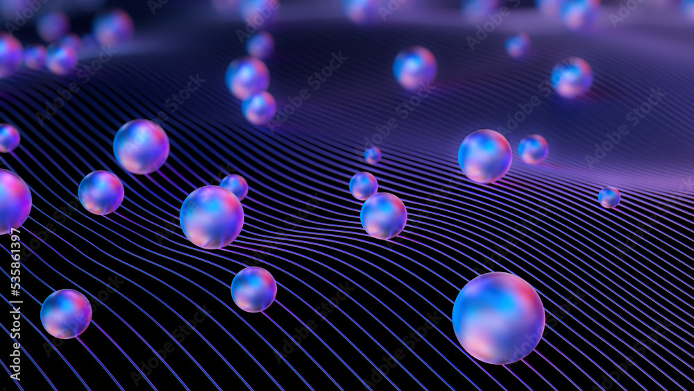 3D render of colourful shiny neon spheres on wavy lines with depth of ...
