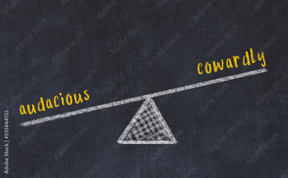 Chalk drawing of scales with words audacious and cowardly. Concept of ...