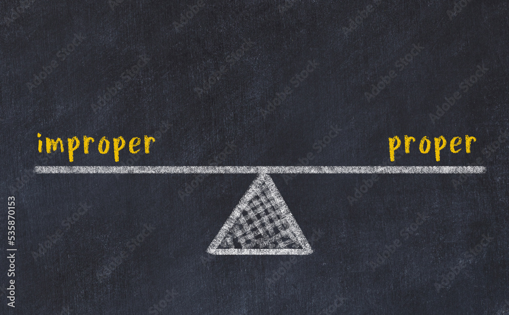 Chalk drawing of scales with words improper and proper. Concept of ...