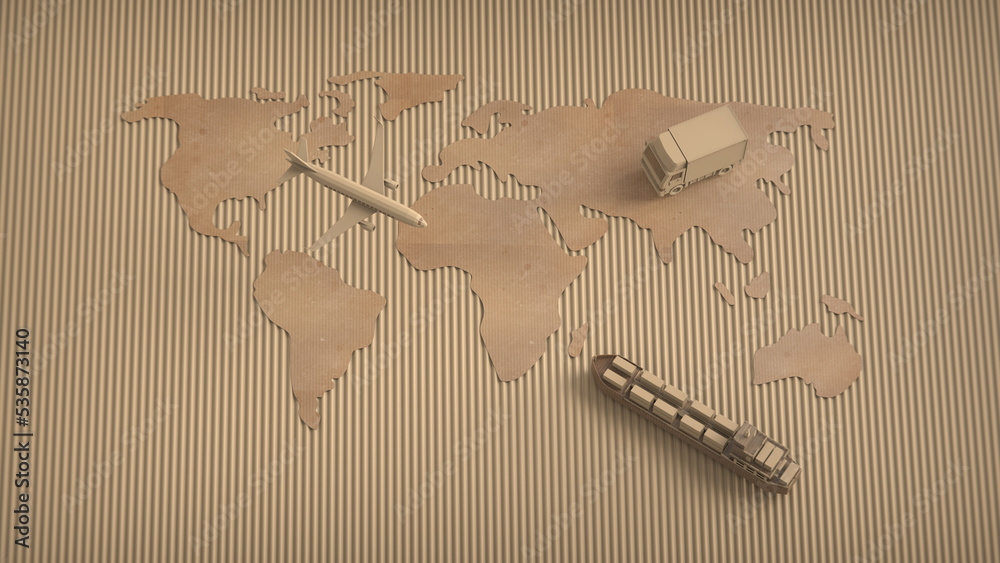 Airplane, ship, truck and world map made of cardboard World map made of ...
