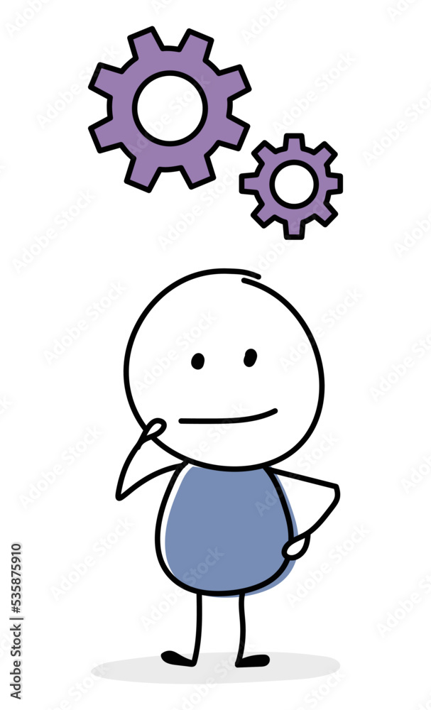 Contemplating cartoon businessman with gear - business process icon ...