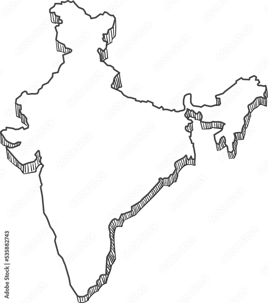 Hand Drawn of India 3D Map Stock Illustration | Adobe Stock
