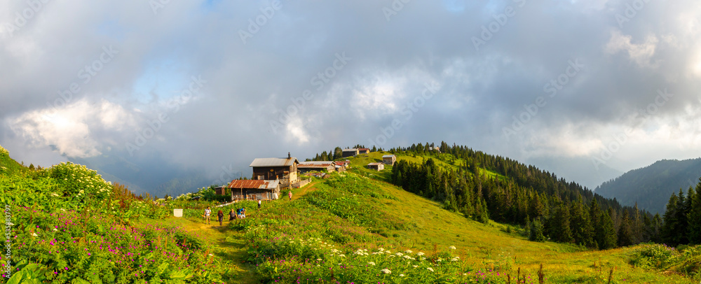 Traditional wooden houses at highlands. Landscape photo was taken in ...