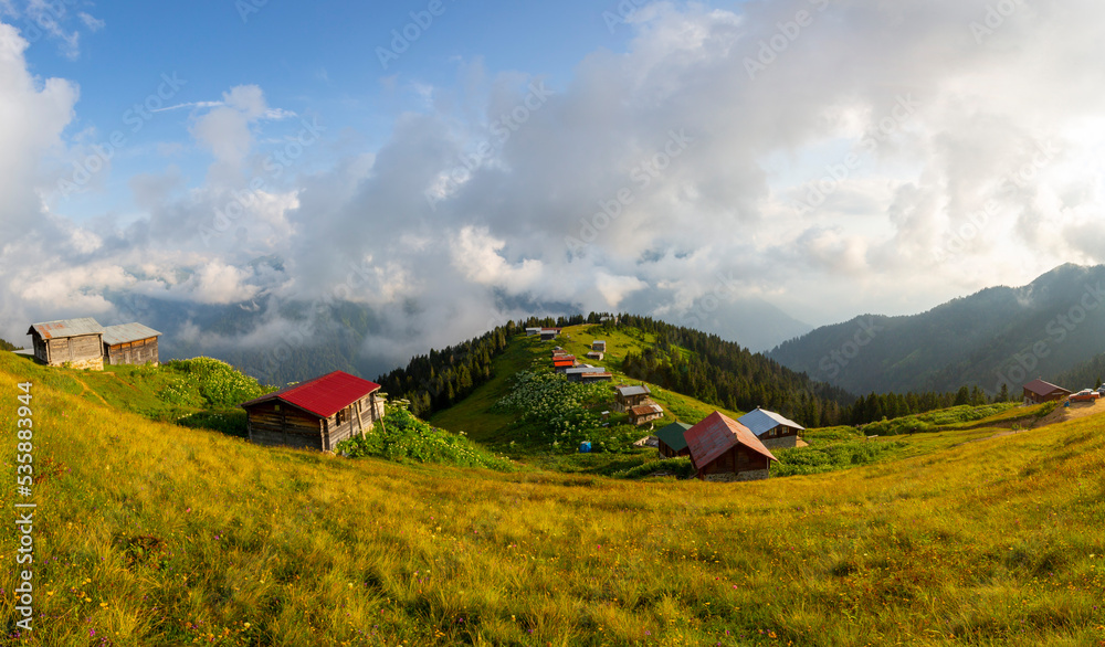 Traditional wooden houses at highlands. Landscape photo was taken in ...