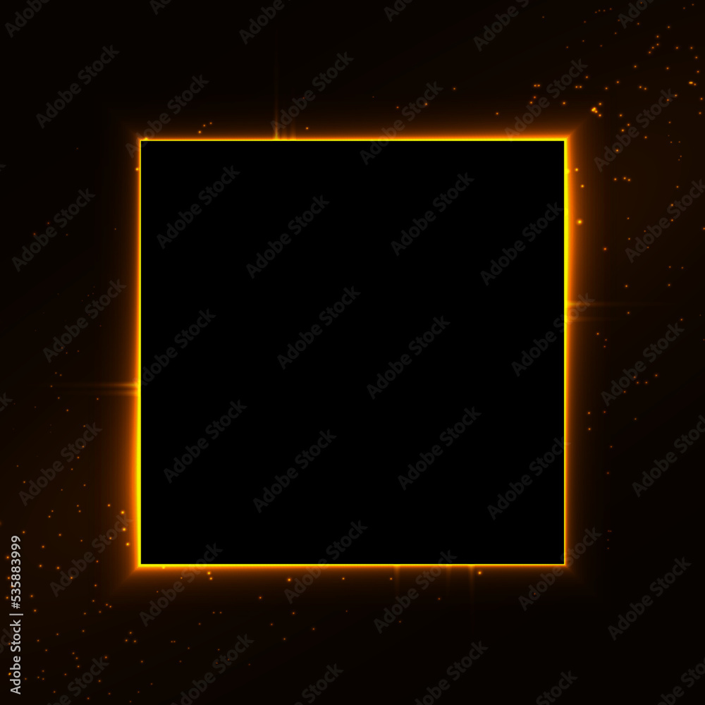 Gold sparkling glitter square frame on black background with light ...