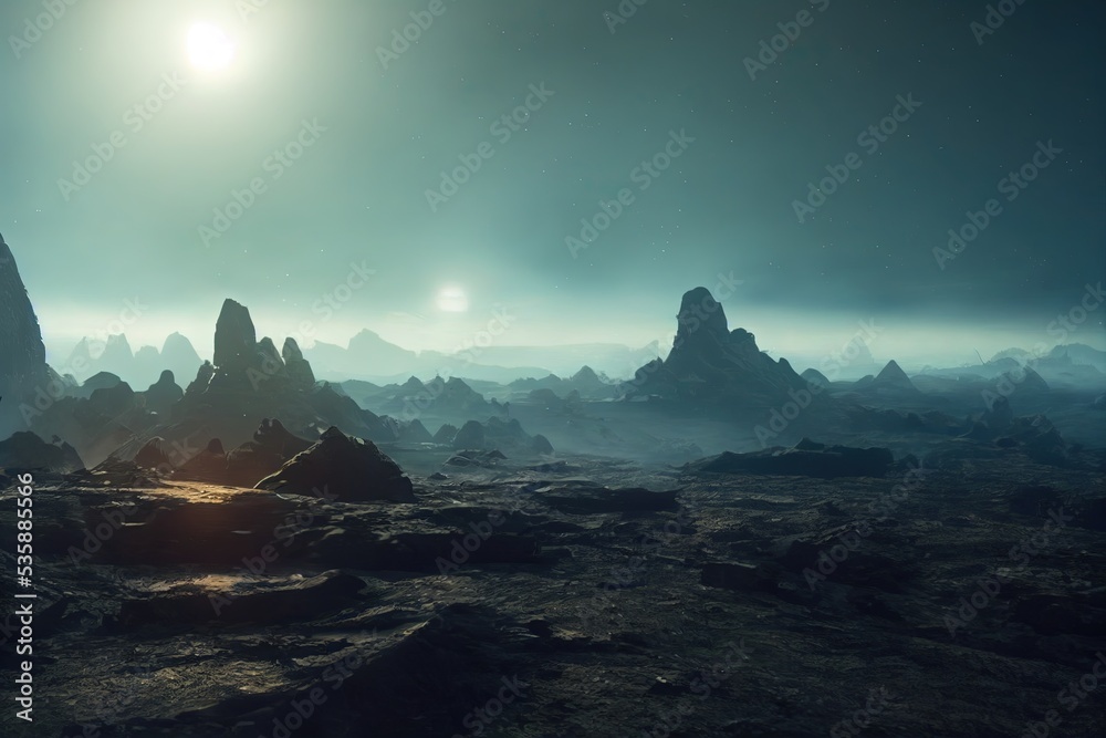 Alien planet fantasy wallpaper landscape 3D illustration with copy ...