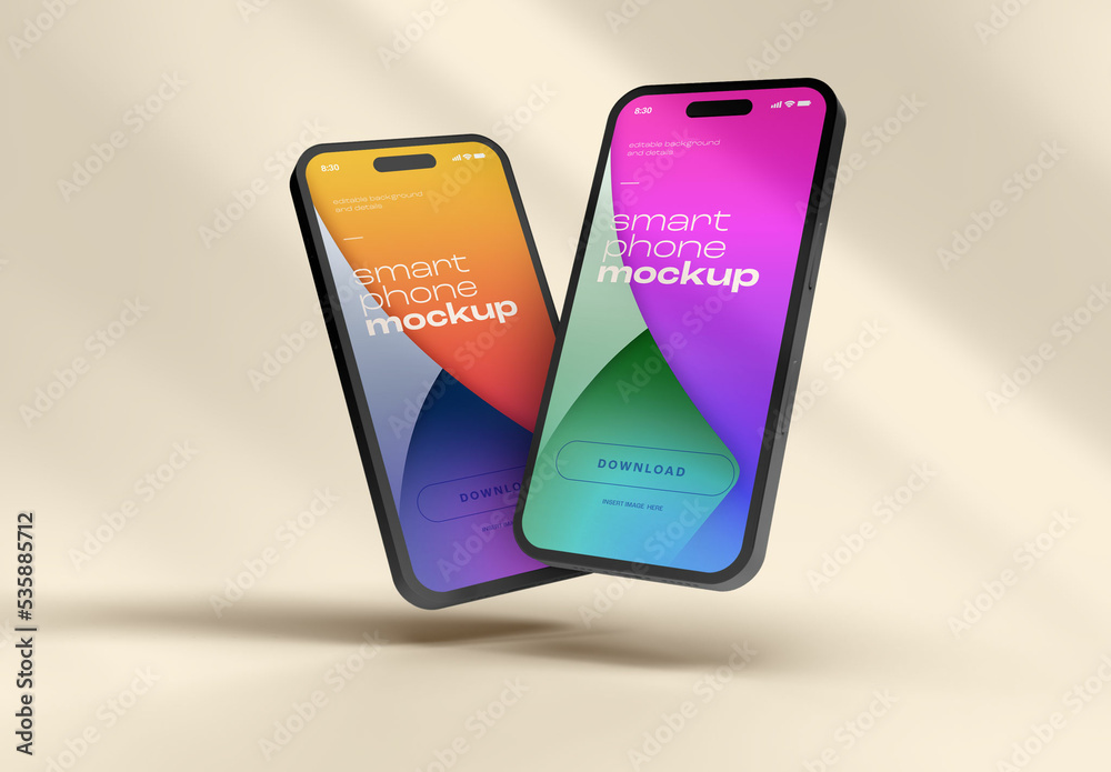 Two Smartphones Floating Mockup with Bright Colorful UI on Soft Light ...
