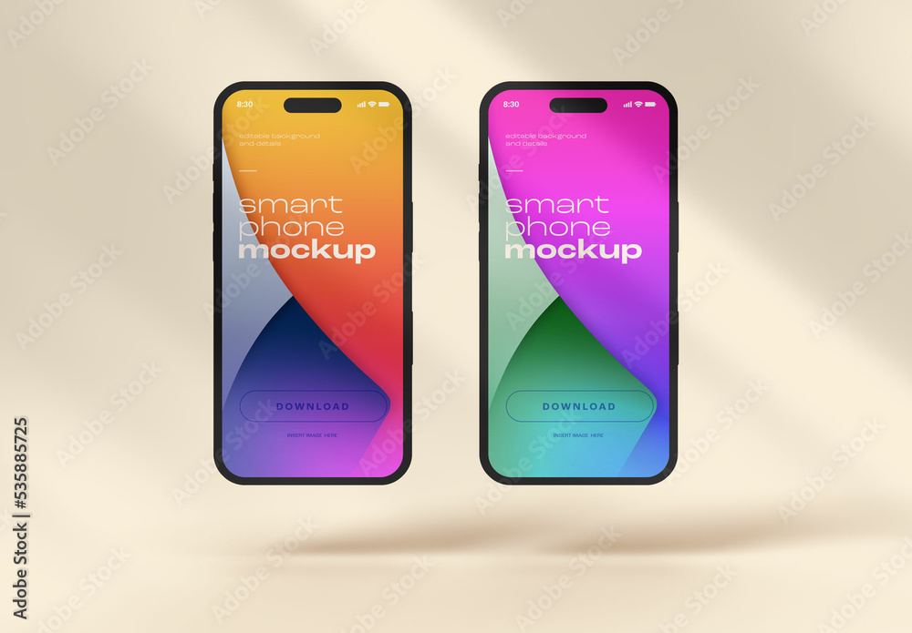 Two Smartphones Mockup with Colorful Screens on Beige Soft Background ...