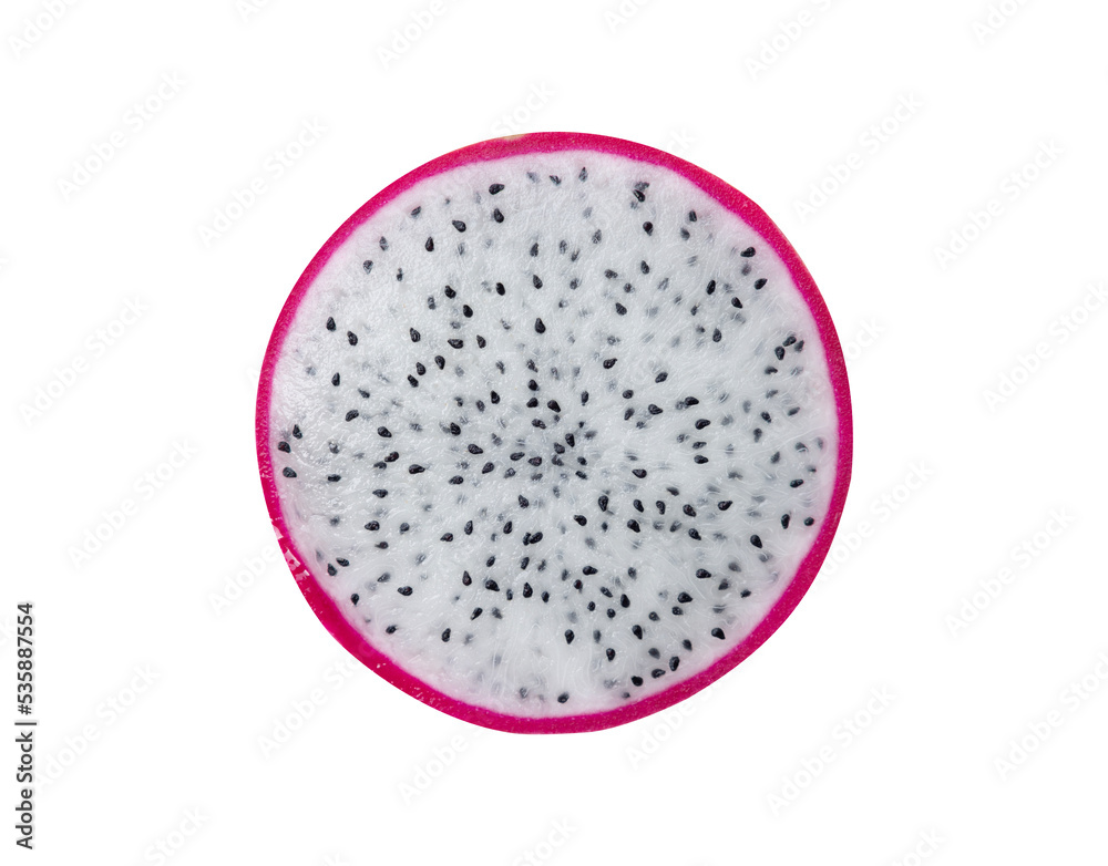Closeup of a half pitaya or pitahaya or dragon fruit isolated on white ...