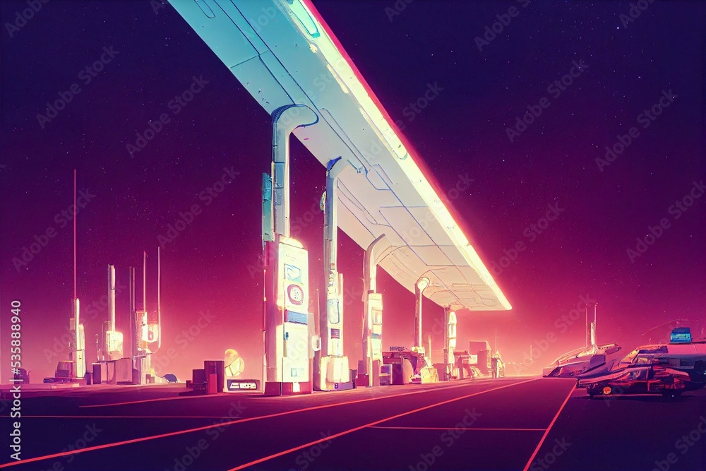Fantasy colorful illustration of a cyberpunk gas station in outer space ...