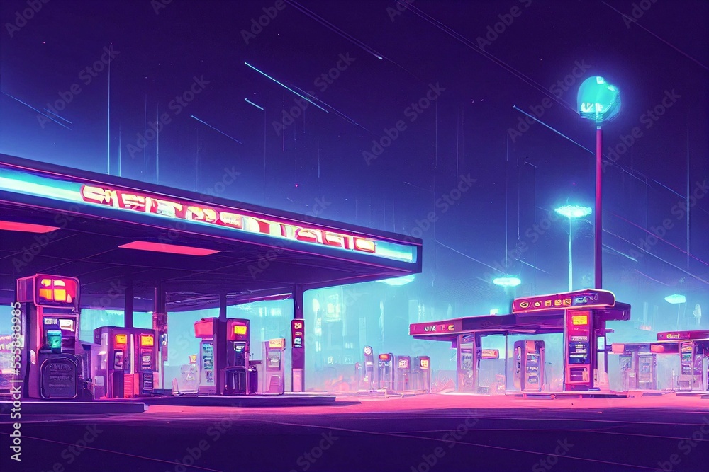 Fantasy illustration of a cyberpunk gas station with colorful neon ...