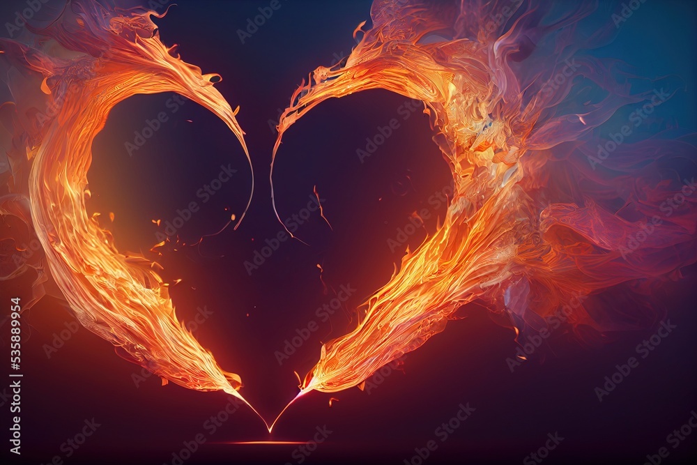 Heart shape made of fire flames, love or passion concept image. Ai ...