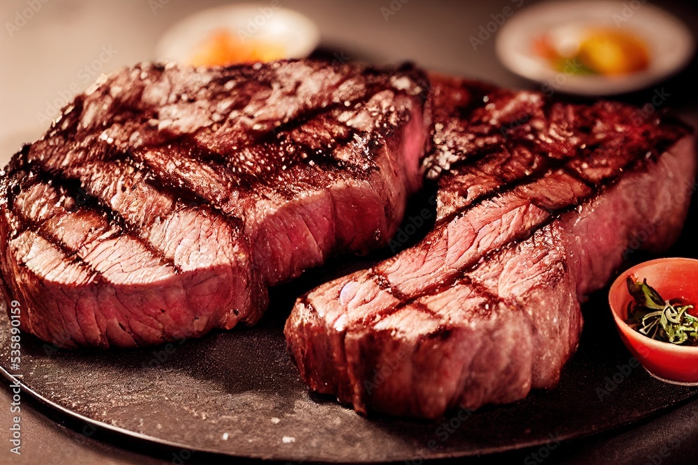Photorealistic illustration of juicy grilled meat, steaks. Ai generated ...