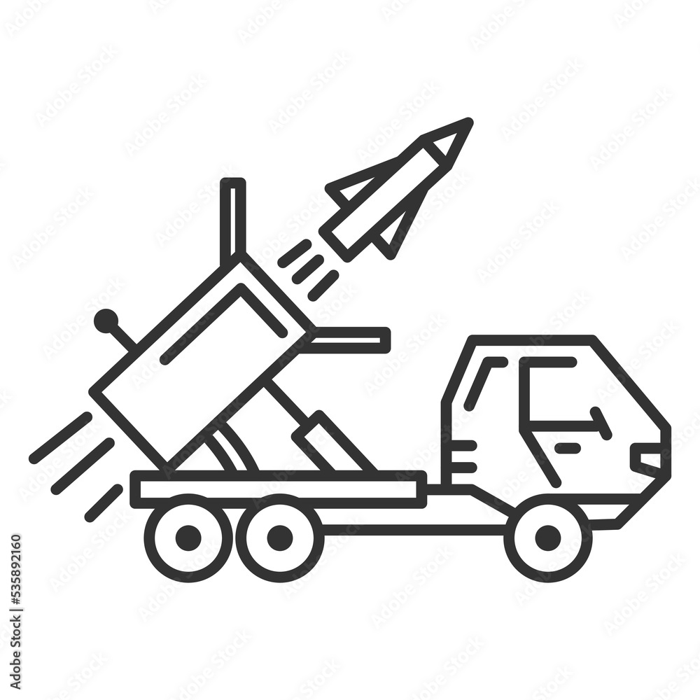 MLRS icon. Multiple rocket launcher system sign. Army artillery vehicle ...