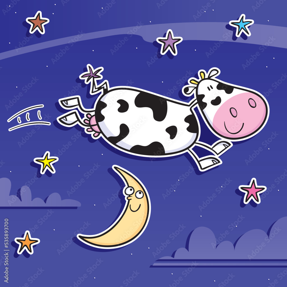 Cute cartoon vector illustration of a happy cow jumping over the moon ...